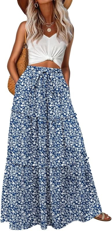 Lepunuo Womens Casual Boho High Waisted Flowy Maxi Skirts Trendy Floral ...