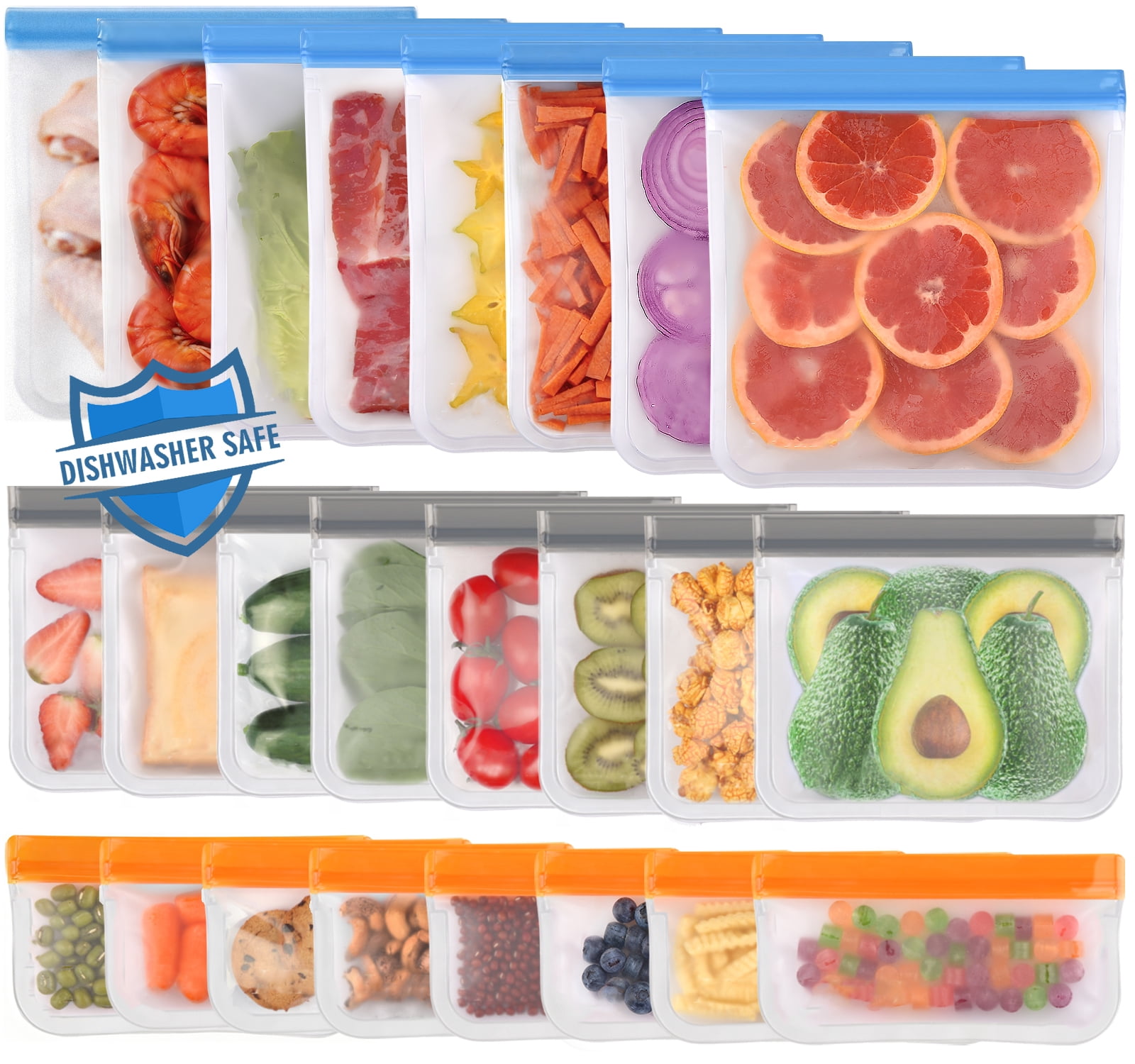 Lerine 24 Pack Reusable Food Storage Bags, Leakproof, Dishwasher Safe ...