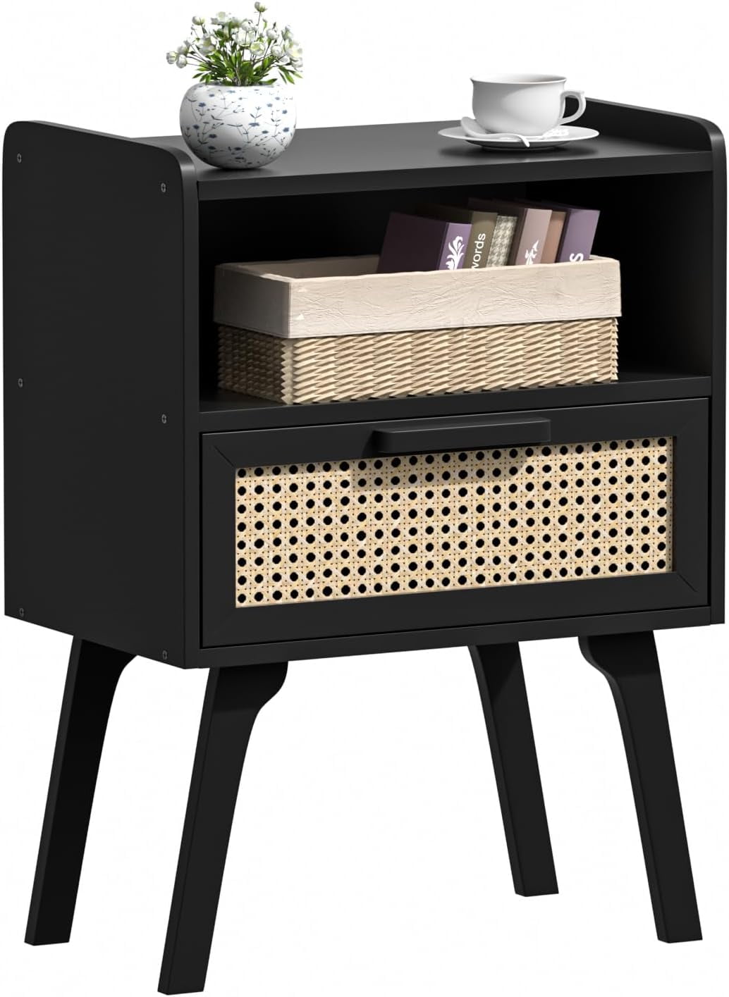 Lerliuo Rattan Nightstand, Bedside Table with Drawer Open Shelf, Cane ...