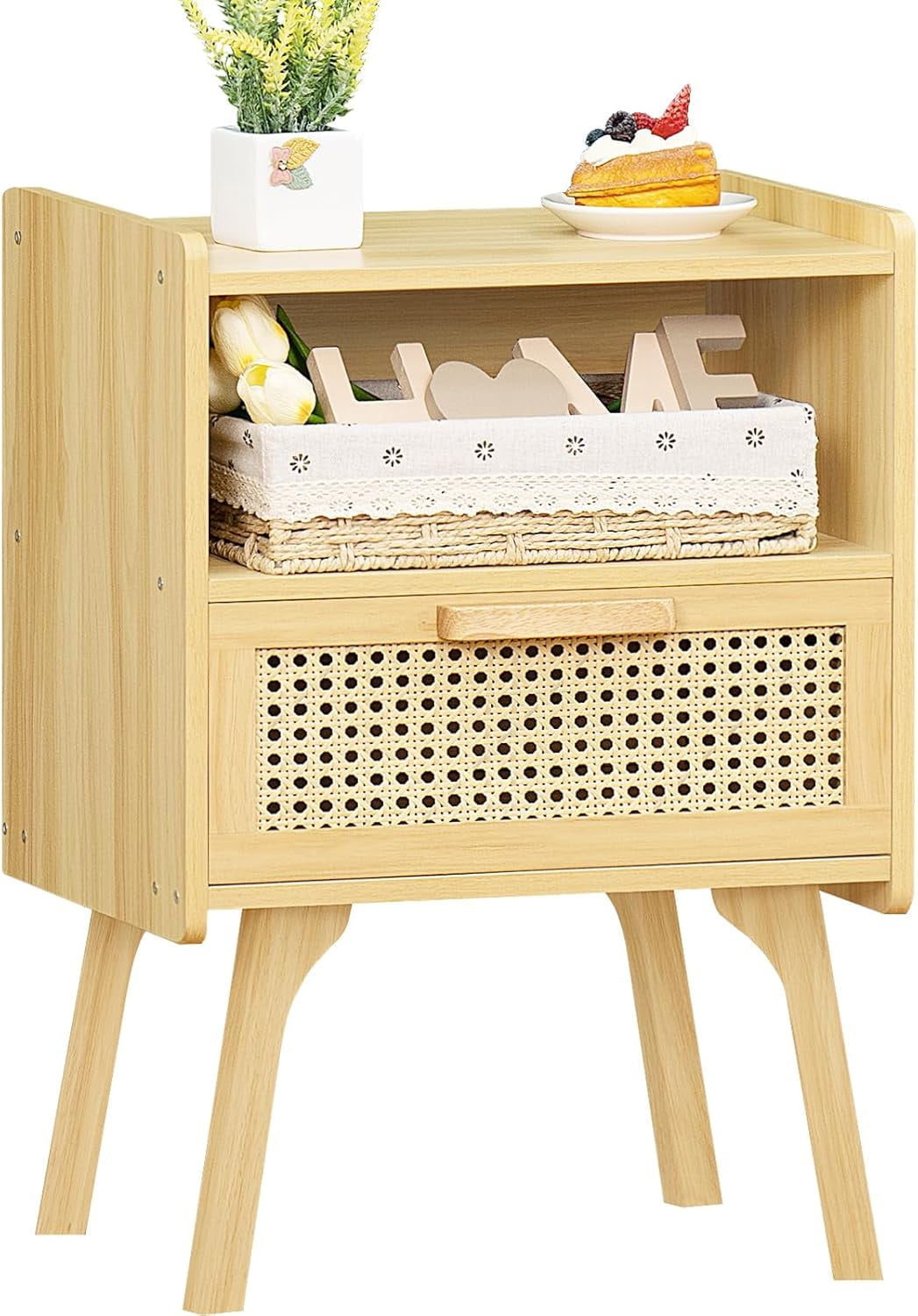 Lerliuo Rattan Nightstand, Boho Night Stand with Handmade Natural Rattan Drawer and Open Shelf ...