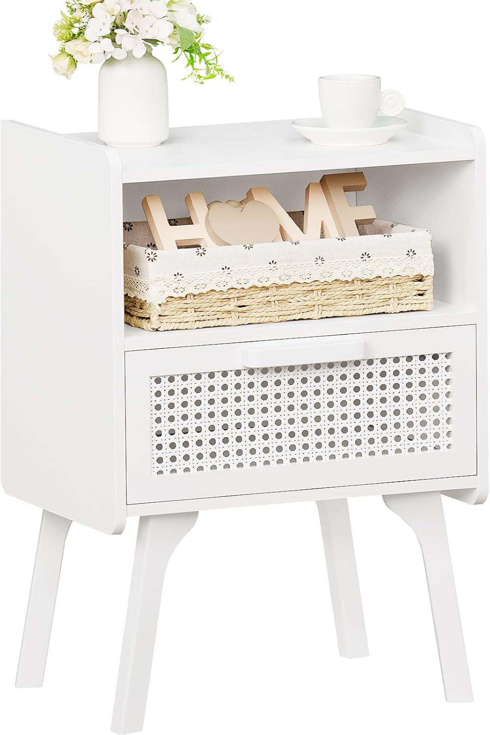 Rattan Nightstand, Side Table with Drawer Open Shelf, Cane Accent ...