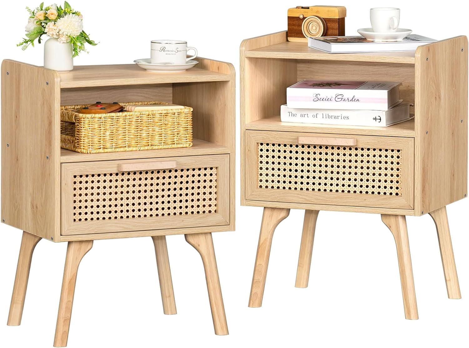 Lerliuo Rattan Nightstands Set of 2, Boho Side Table with Drawer Open ...