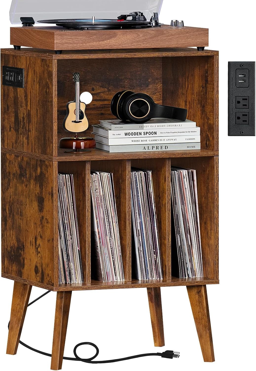 Lerliuo Record Player Stand with Charging Station, Brown Turntable ...