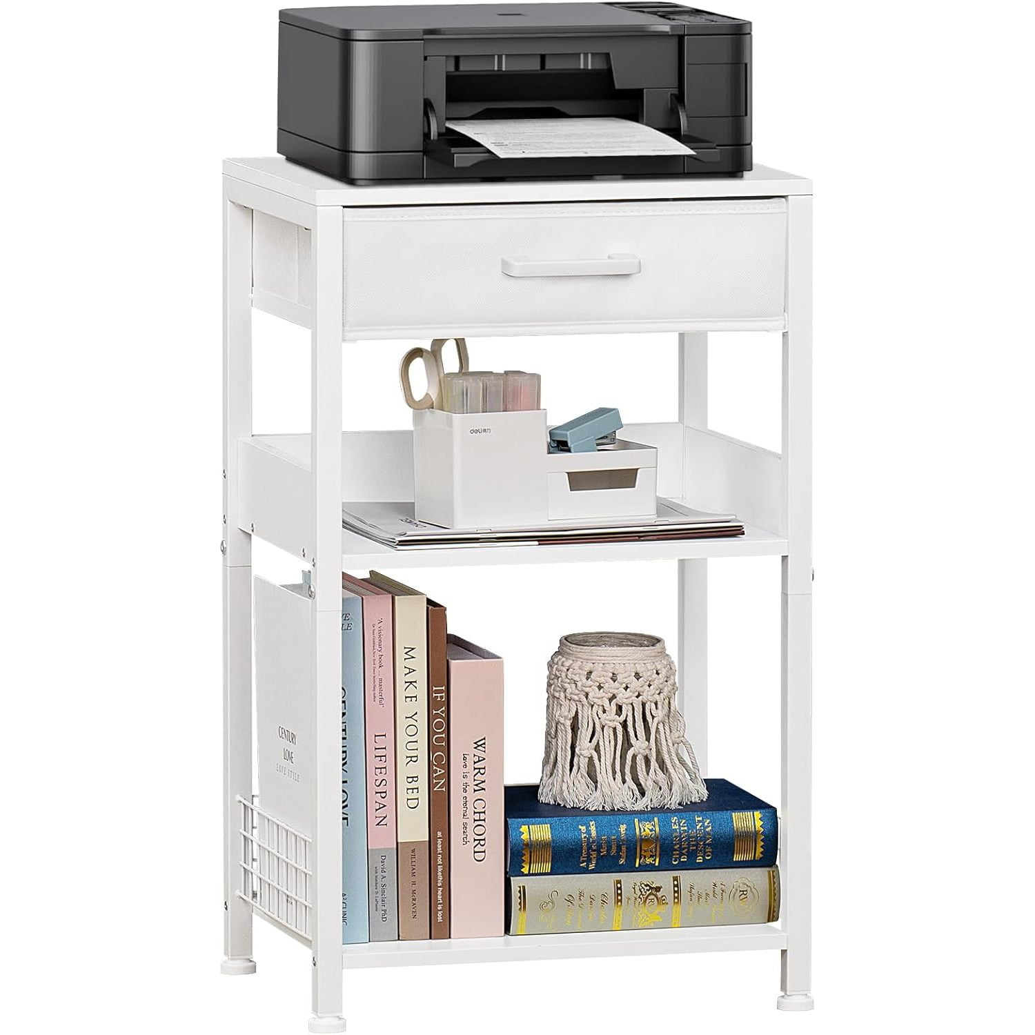 Lerliuo White Printer Stand with Fabric Drawer, 3 Tier Industrial Side ...