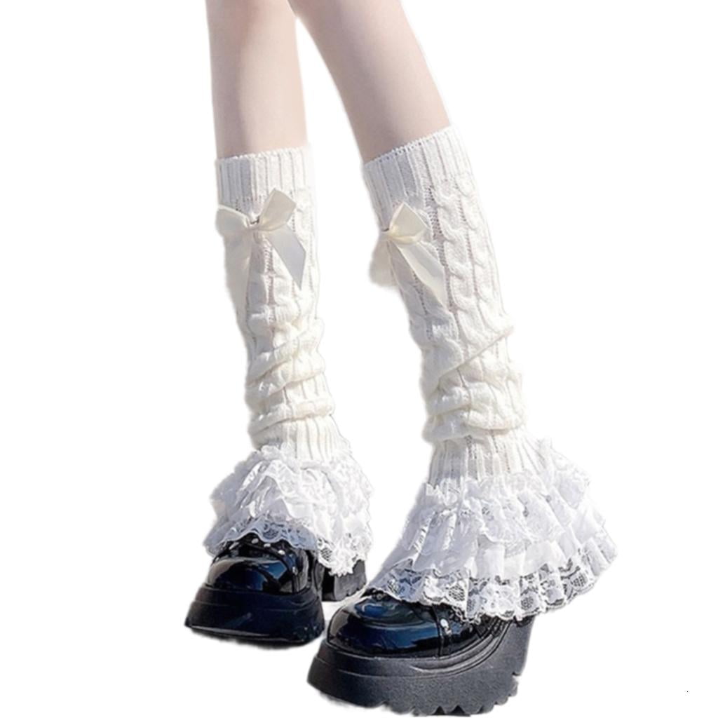 Lerpwige Sweet Ruffle Lace Leg Warmers with Cute Bows Cable Knit Boot ...