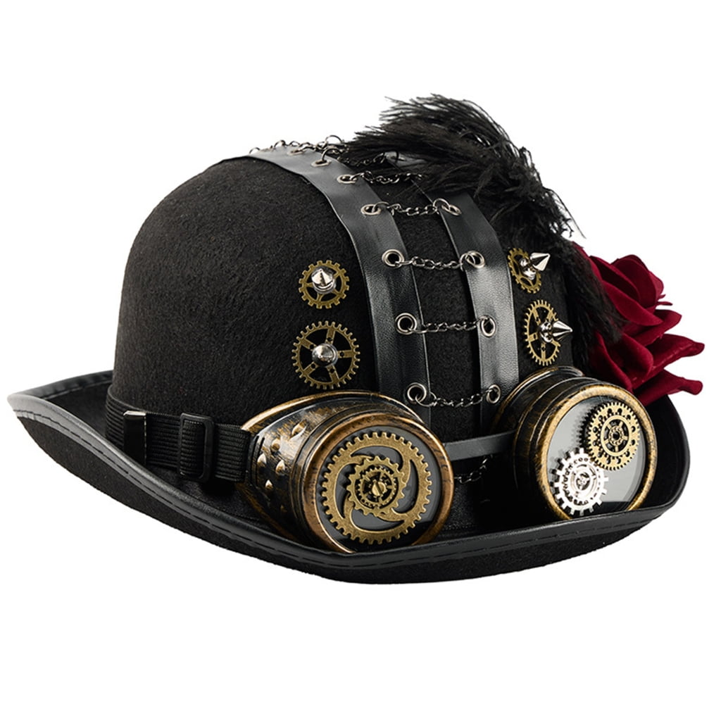 Lerpwige Victorian Round Top Hat with Goggles Gear Chain and Rose Theme ...