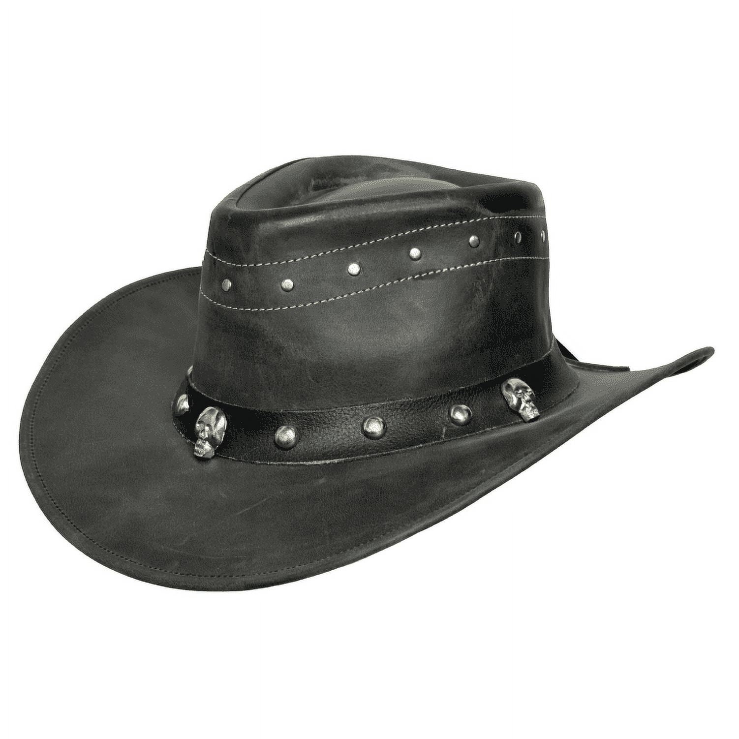 Lesa Collection Danakil Men's Black Leather Cowboy Hat with Skull and ...