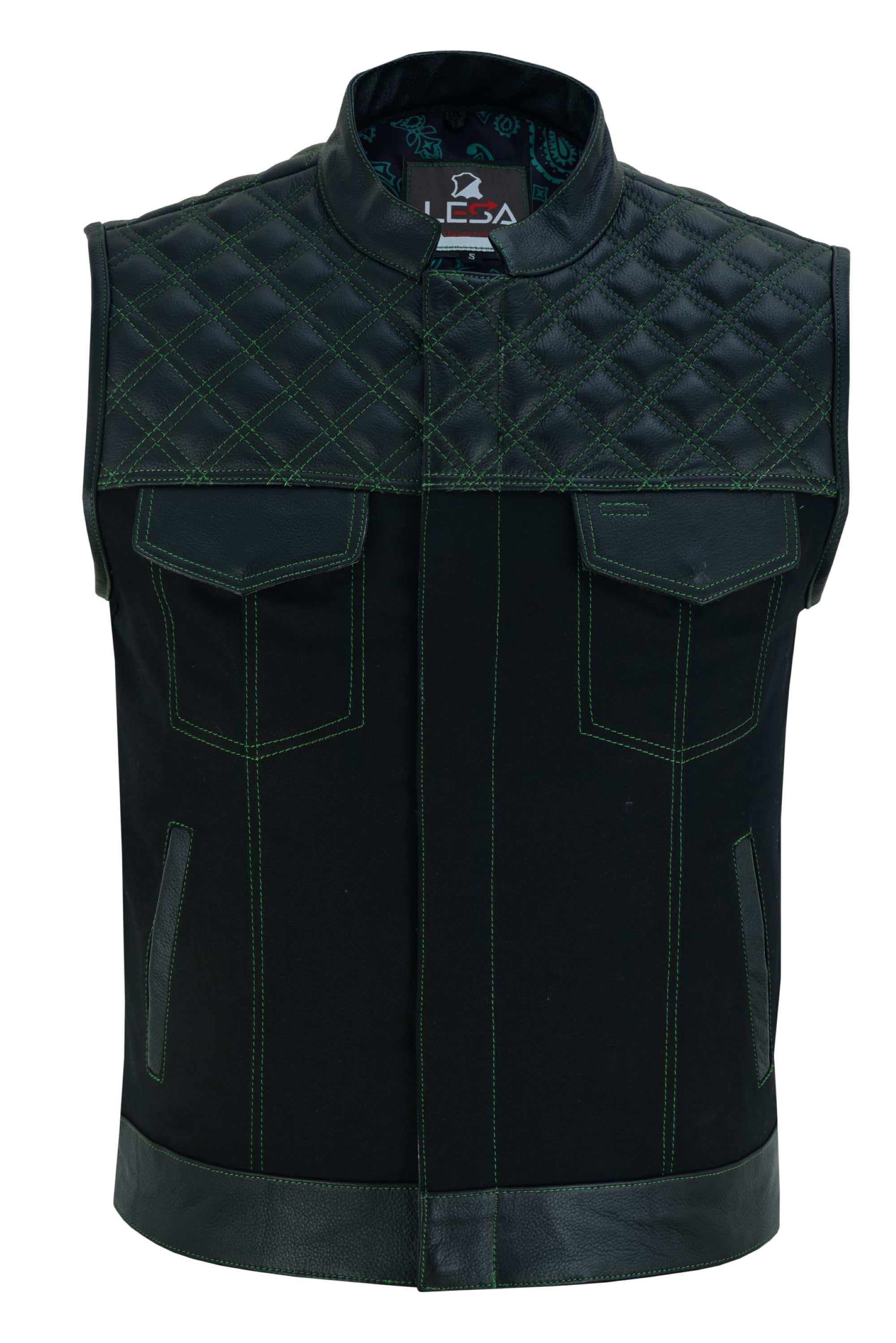 Lesa Collection Mens Black Denim & Leather Motorcycle Club Vest Green ...