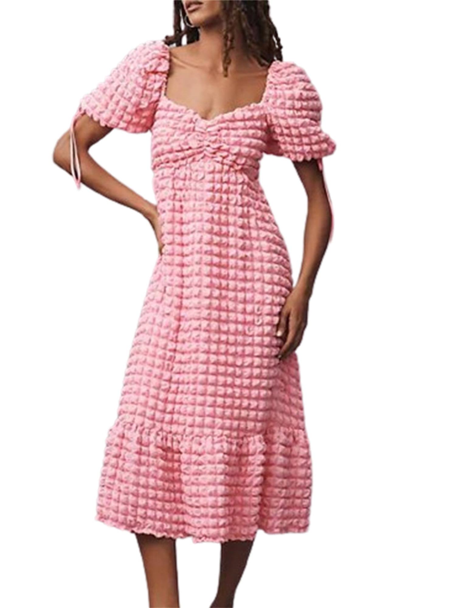 Lesimsam Women Puff Sleeve Midi Dresses Bubble Cocktail Textured ...