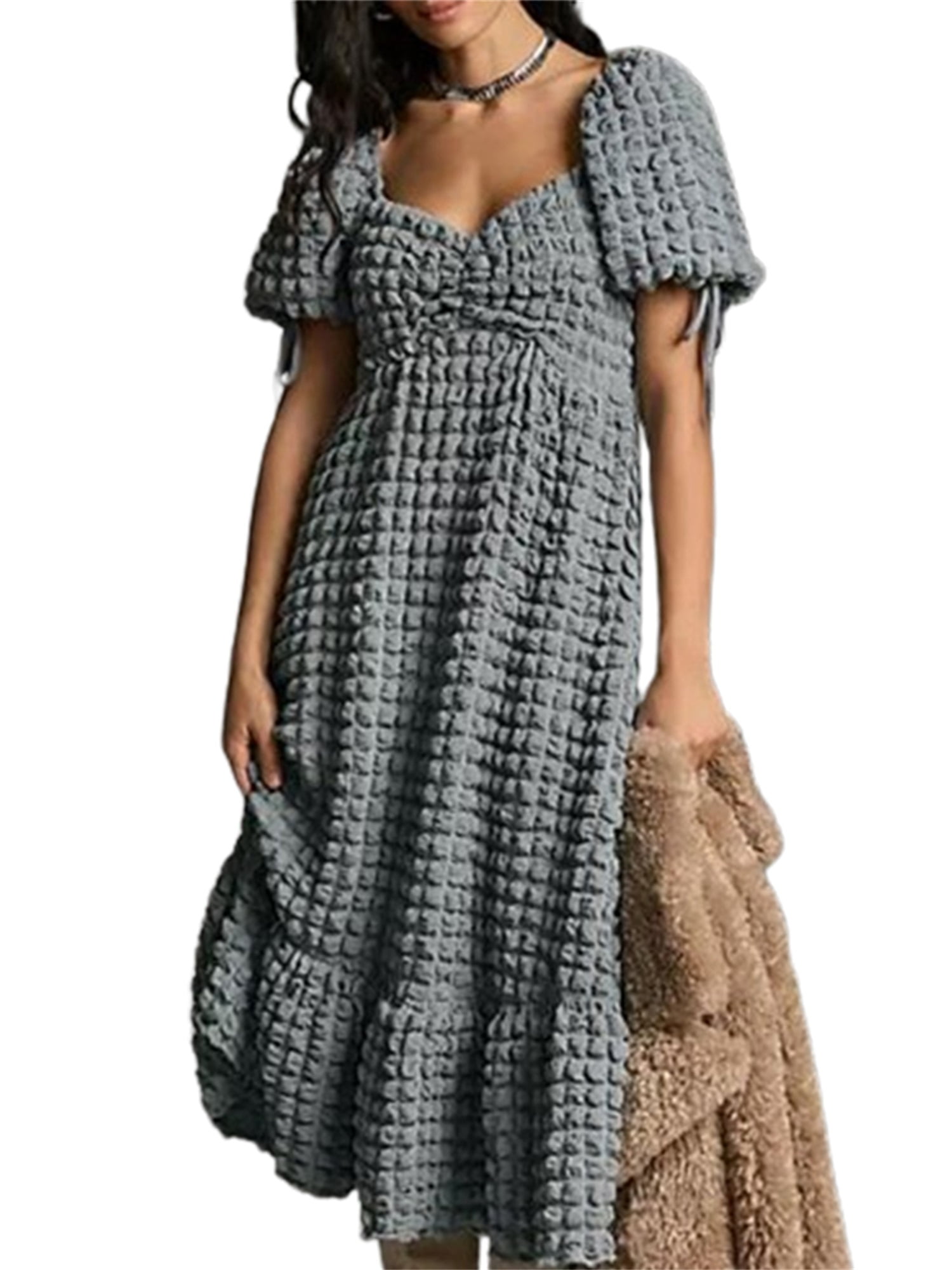 Lesimsam Women Puff Sleeve Midi Dresses Bubble Cocktail Textured ...