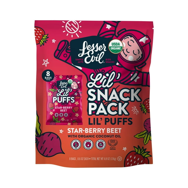 LesserEvil Strawberry Beet Lil' Puffs, Organic Snacks for Kids, Rice ...