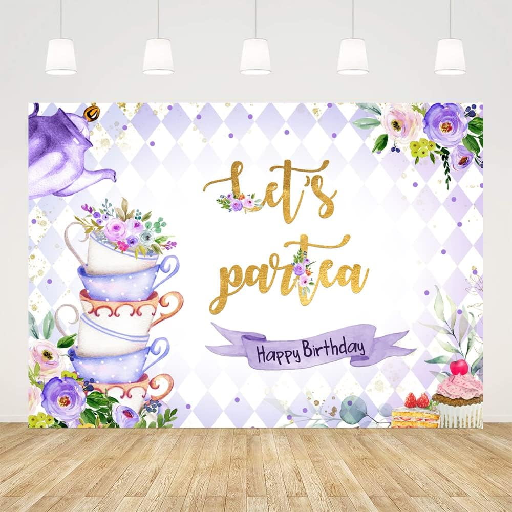Let's Partea Backdrop for Birthday Party Purple Floral Tea Party ...