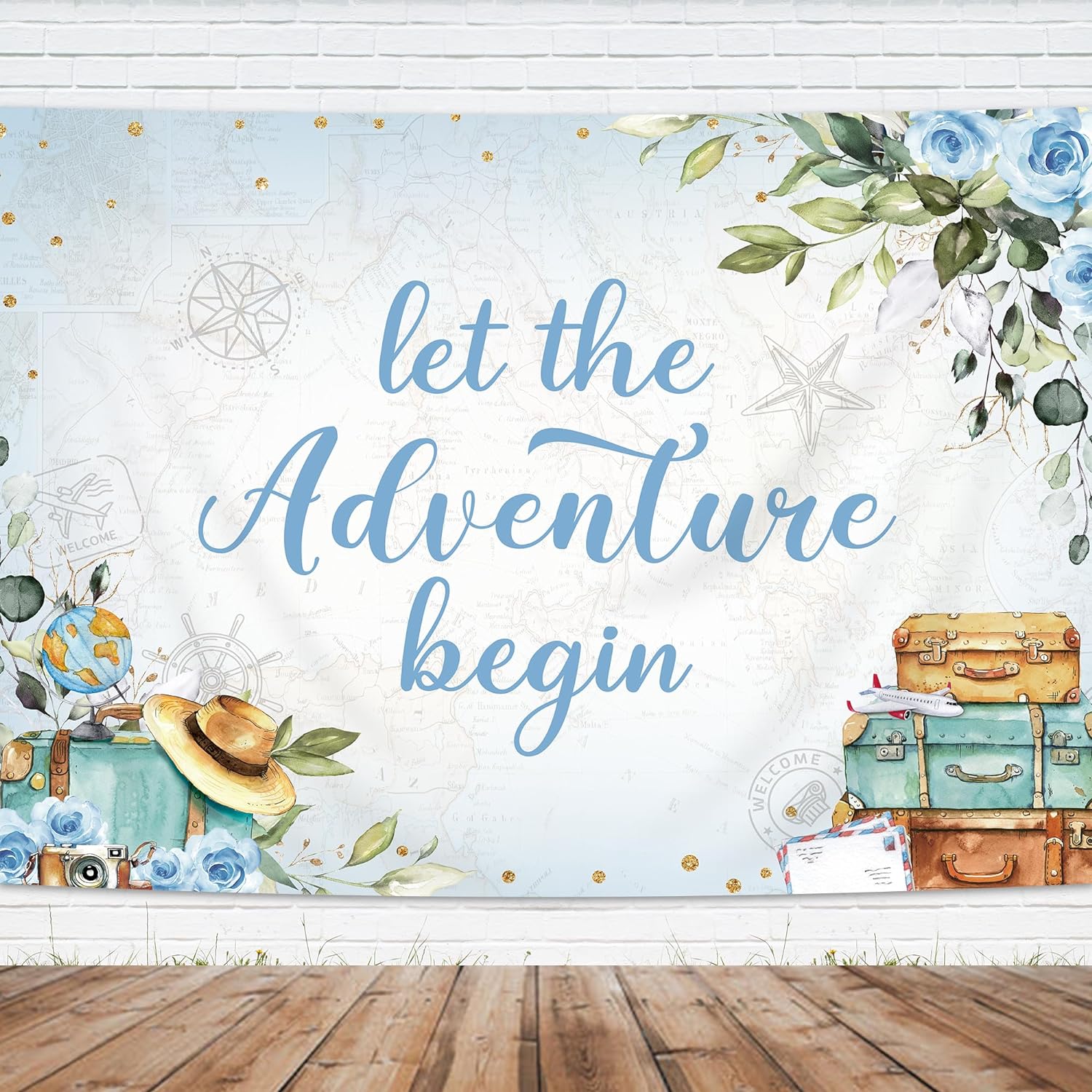 Let The Adventure Begin Backdrop Feet World Map Adventure Awaits Floral ...