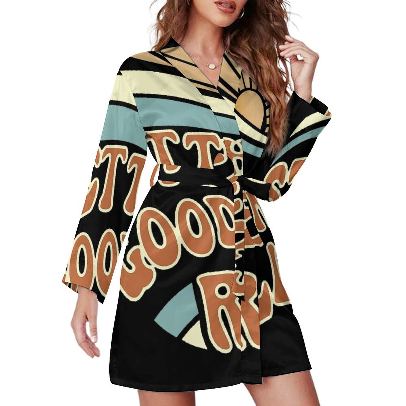 Let The Good Times Roll Night Robe Long Sleeve V Neck Robe With Belt ...