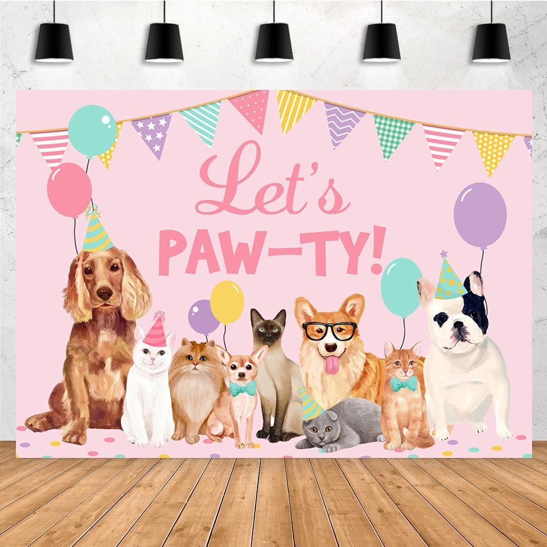 Let's Backdrop Cartoon Doggy Puppy Banner Balloons Poodle Birthday Hats ...
