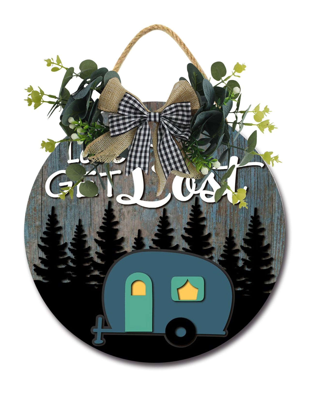 Let's Get Lost Camping Wooden Front Door Sign Rustic Round Wreath Wall ...