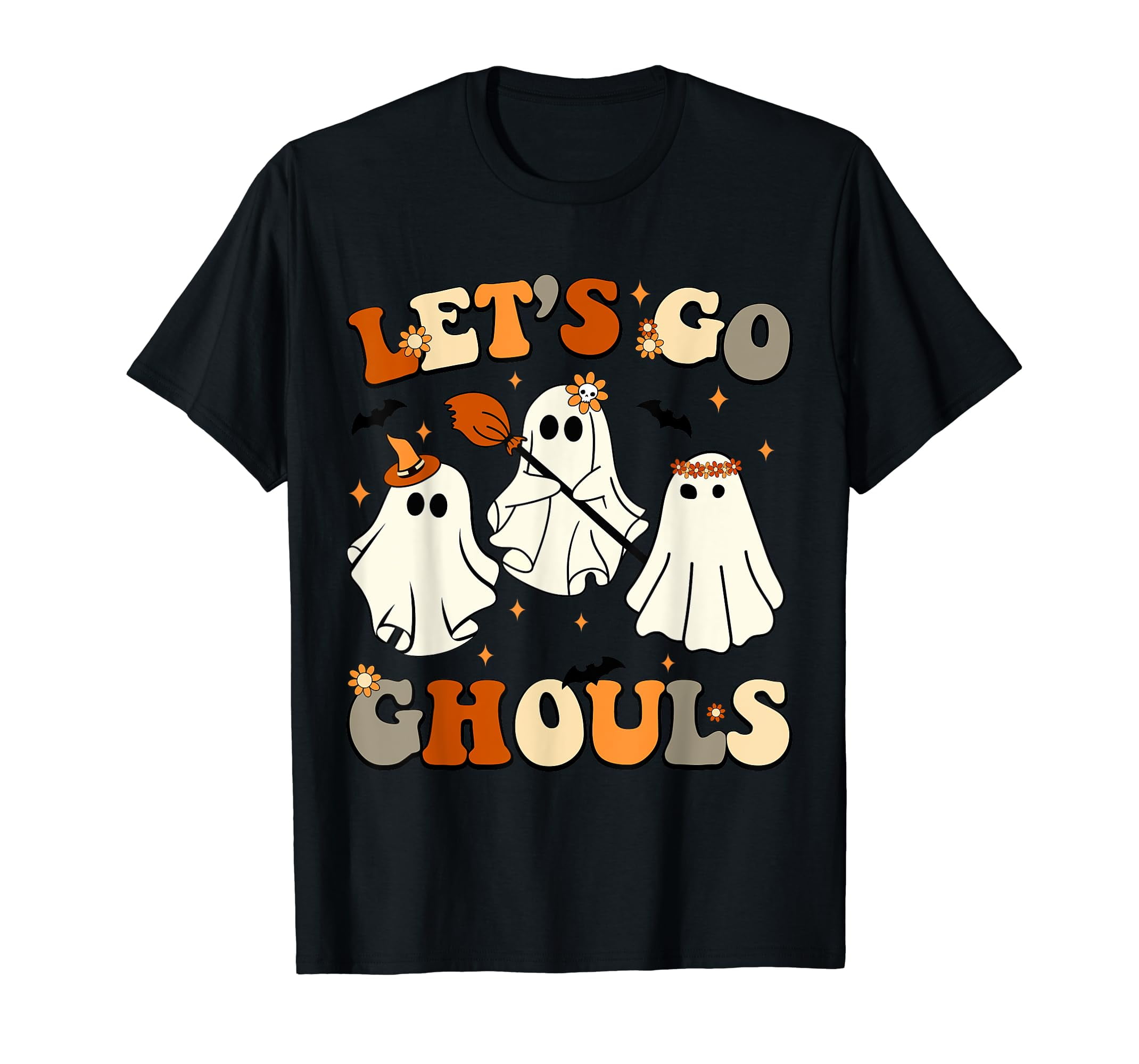 Let's Go Ghouls Halloween Ghost Spooky Season Retro Groovy Black T ...