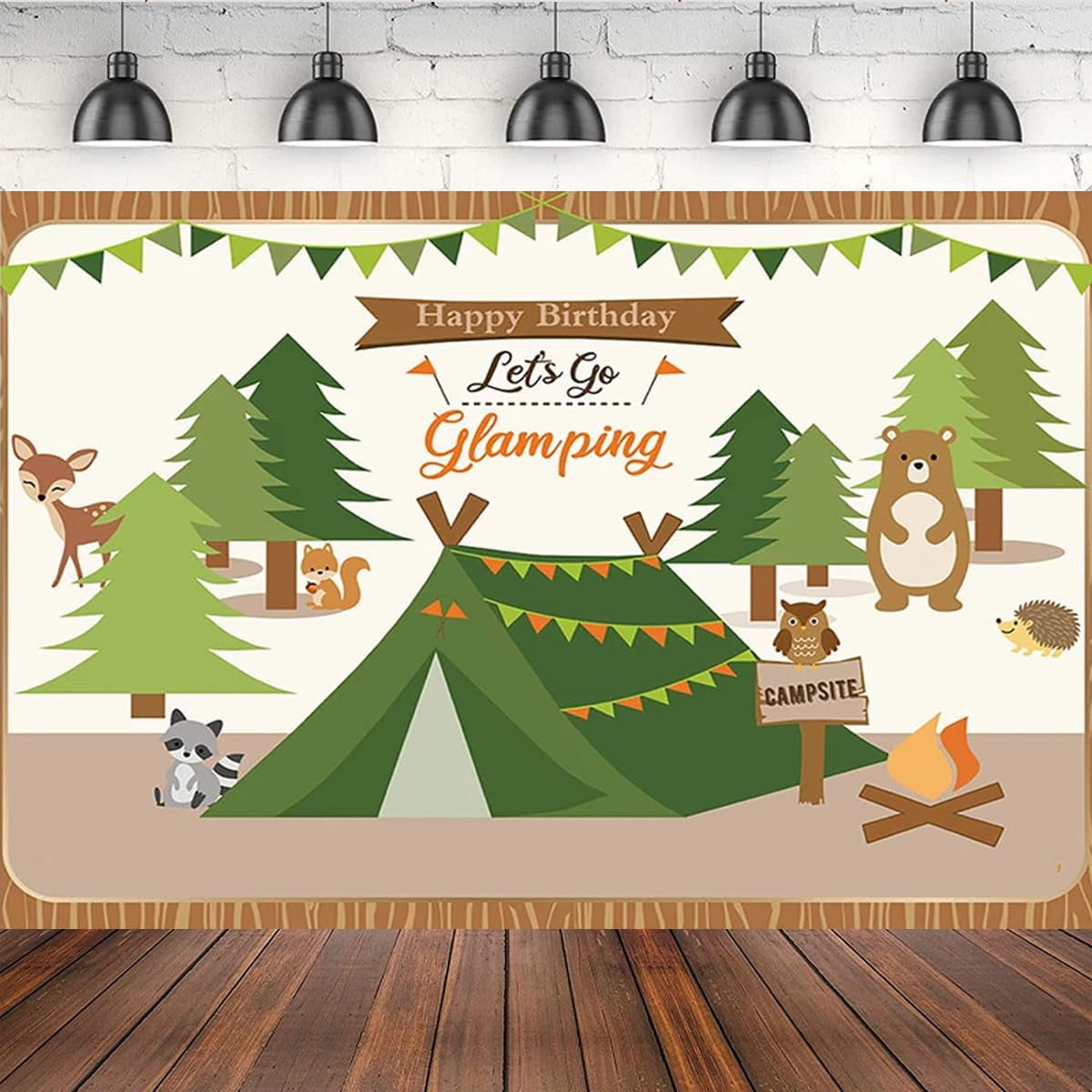 Let’s Go Glamping Camp in Forest Tent Photo Background Wooden Border ...