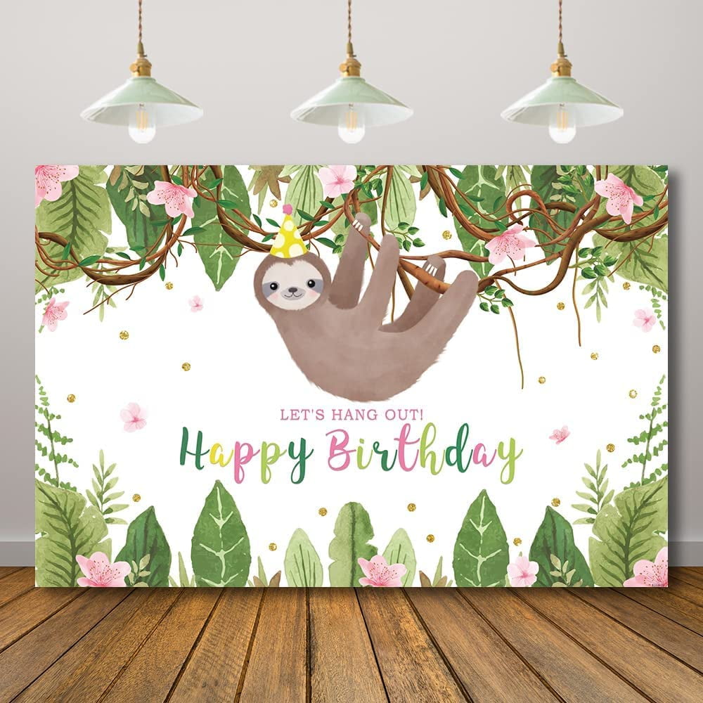 Let' s Hang Out Sloth Happy Birthday Backdrop Safari Jungle Neutral Sloth Birthday Party ...