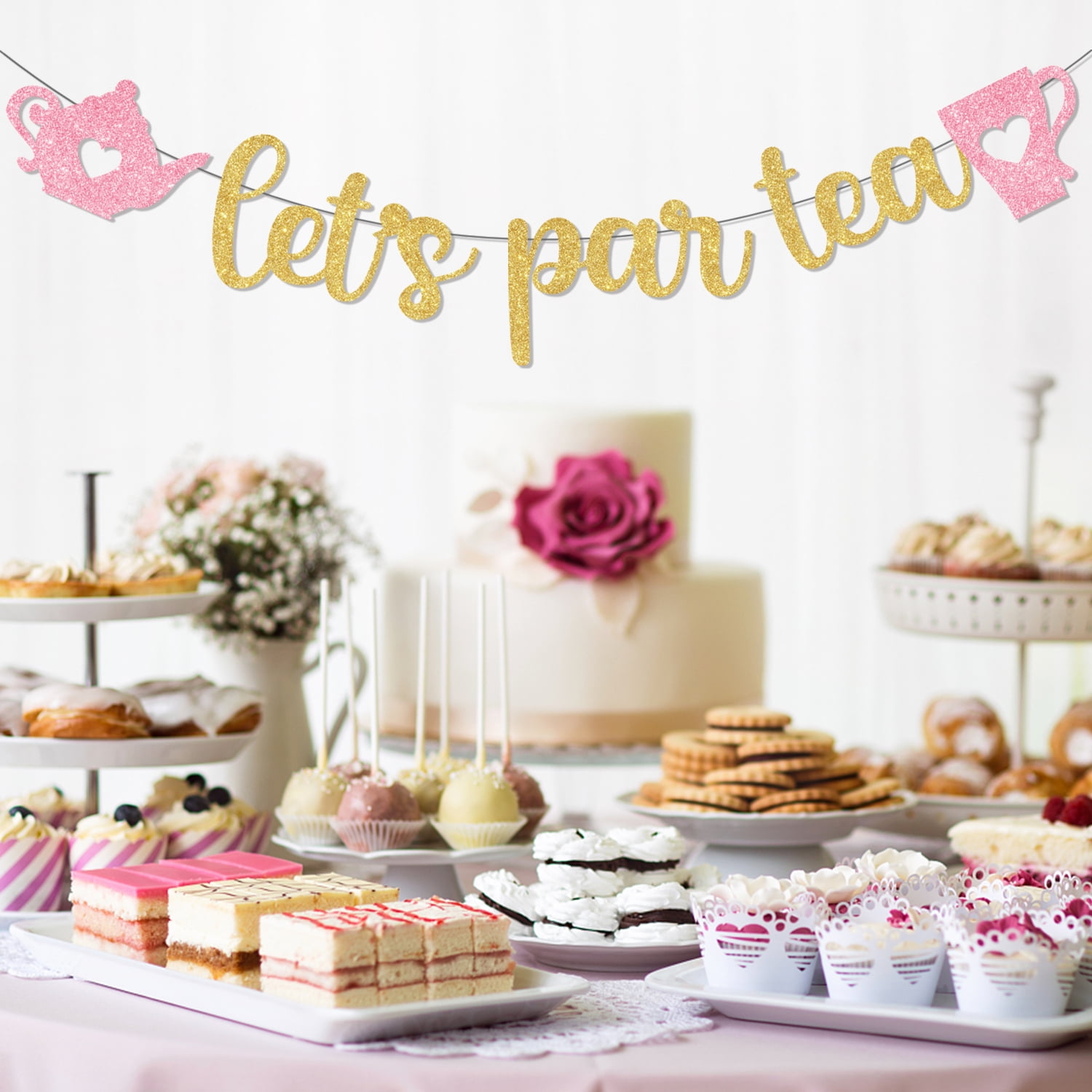 Let's Par Tea Banner Floral Tea Party Decorations, Teapot and Teacup ...