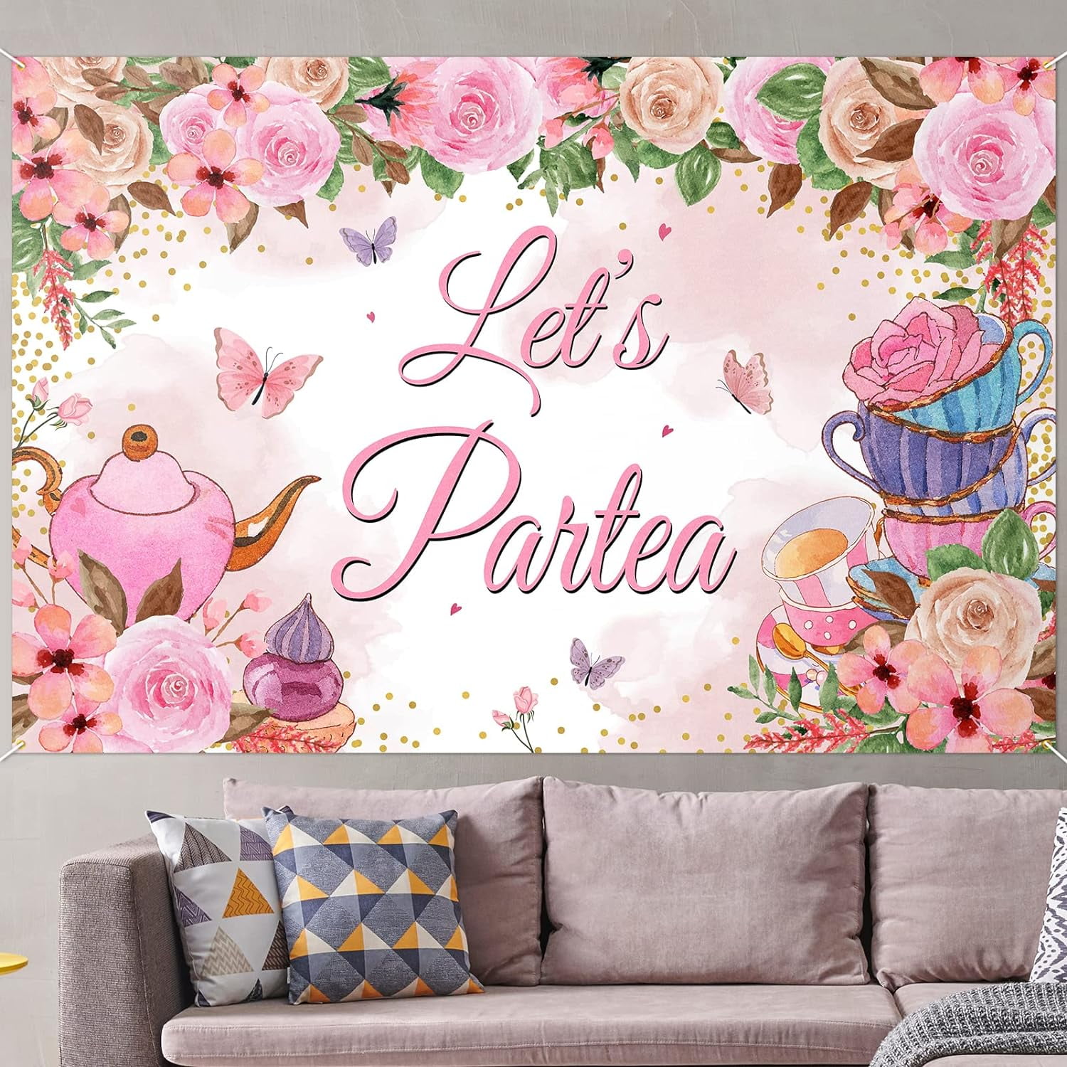 Let's Partea Backdrop Banner Decor Pink - Floral Tea Theme Happy ...
