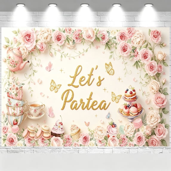 Let's Partea Backdrop Cream White Rose Floral Butterfly Dessert Banner ...