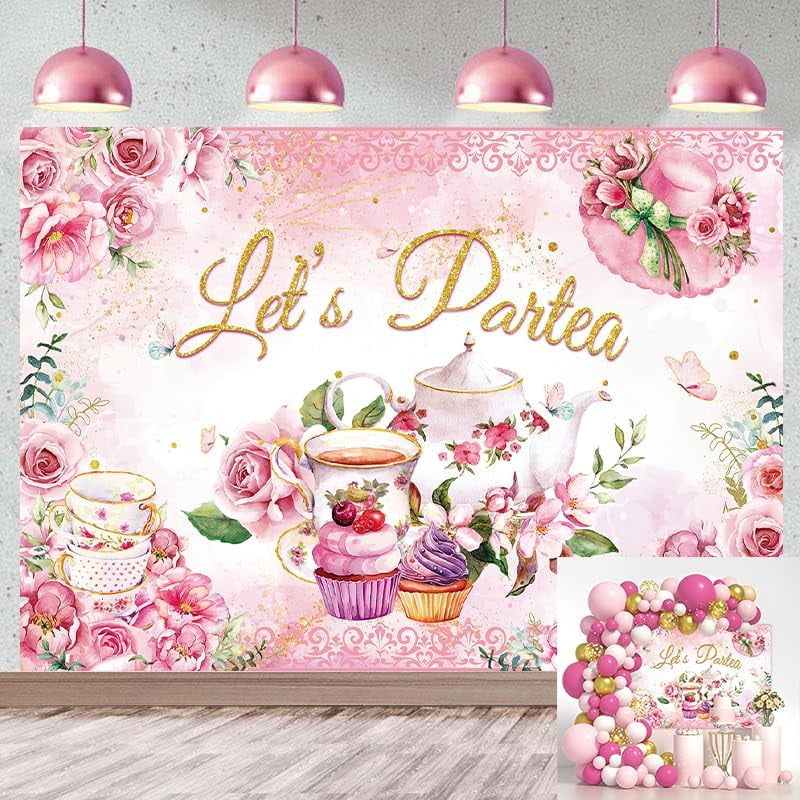 Let's Partea Backdrop Pink Floral Afternoon Tea Party Photography ...