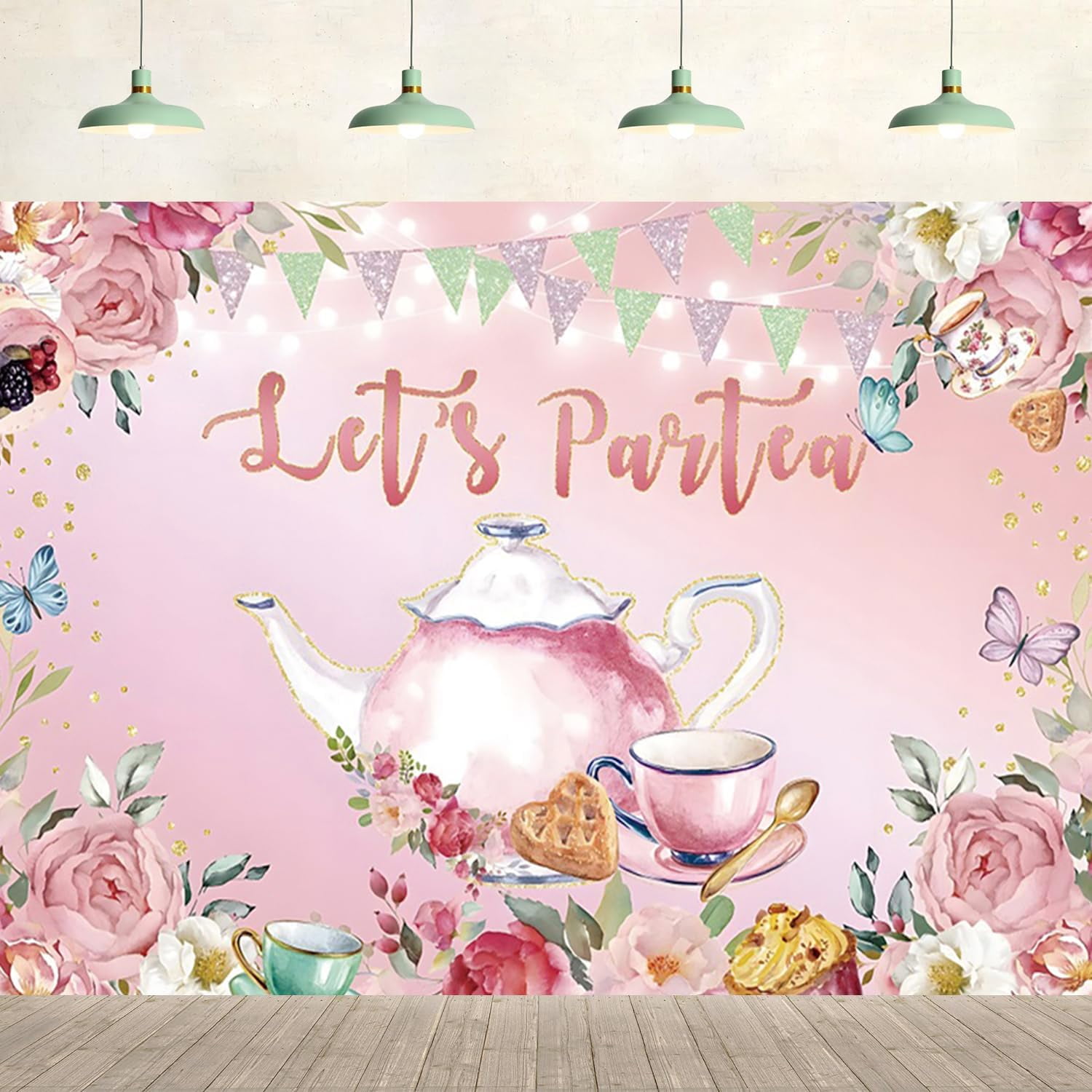 Let' s Partea Backdrop Tea Party Teapot Dessert Pink Flowers Background ...