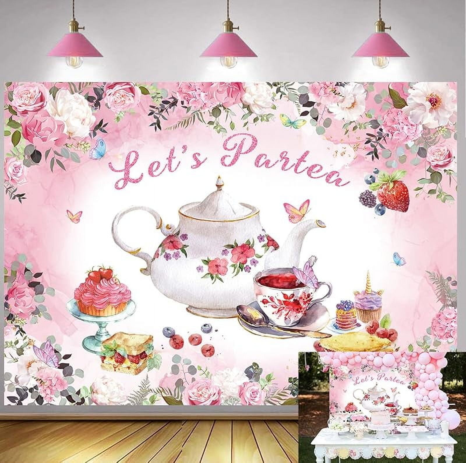 Let's Partea Tea Backdrop Pink Floral Tea Party Photography Background ...