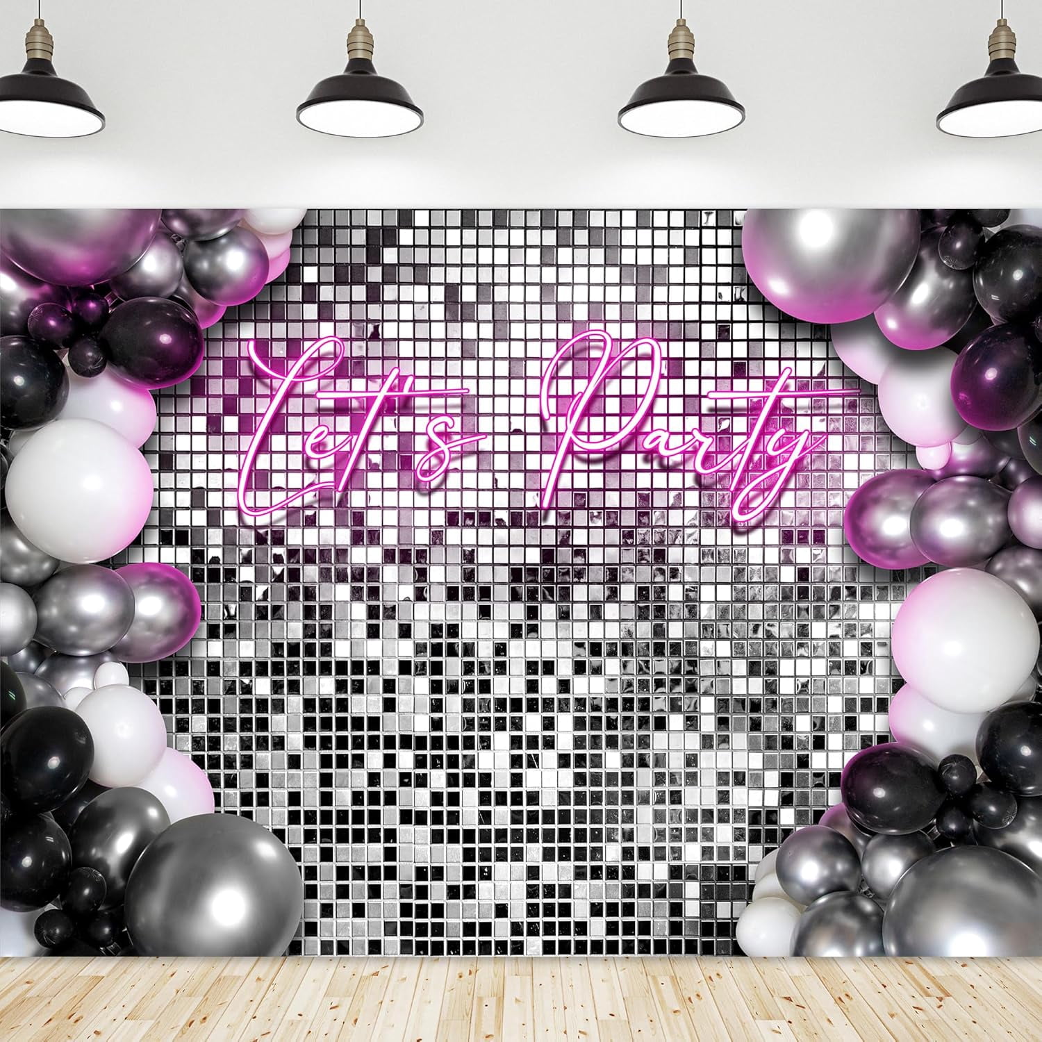 Let's Party Backdrop Silver Birthday Party Decorations for Woman Neon ...