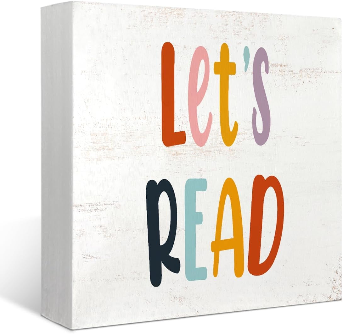 Let's Read Boho Wood Box Sign Desk Decor Rustic Reading Wooden Box ...