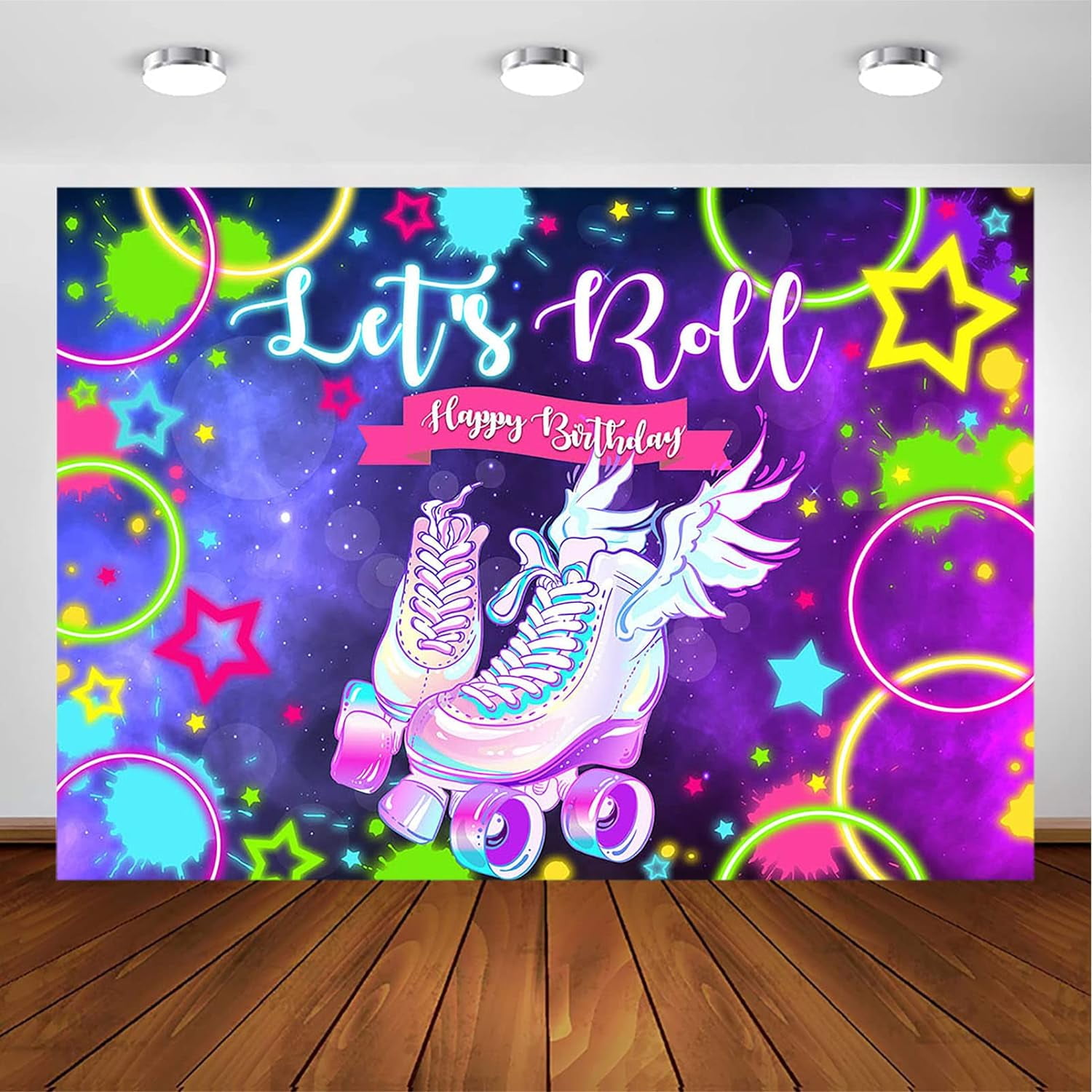 Let's Roll Backdrop Glow in The Dark Neon Party Decorations Roller ...