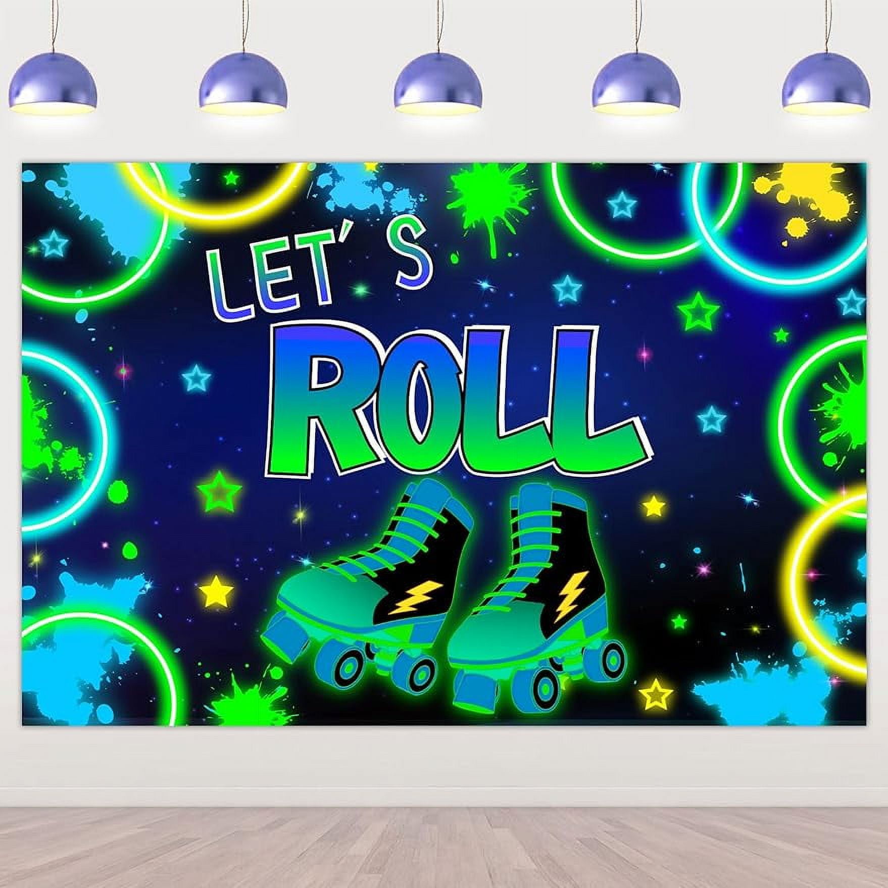 Let's Roll Birthday Backdrop, Neon Rainbow Glow Roller Skating ...
