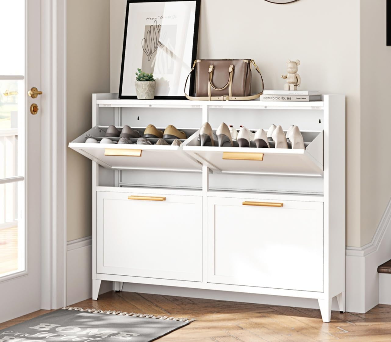 Letaya Narrow Shoe Cabinet with 4 Flip Drawers, Metal Slim Shoe Storage ...