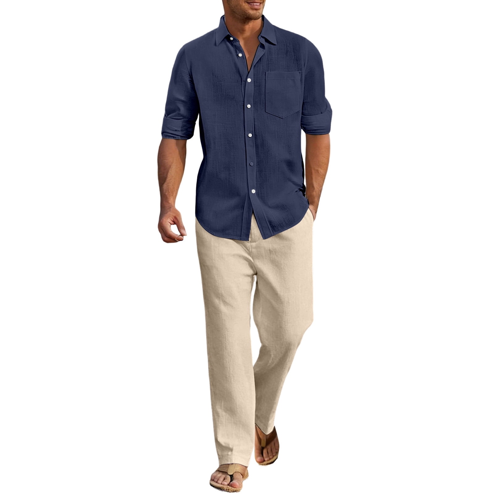 Letdown Men's Linen Sets 2 Piece Outfits Casual Long Sleeve Button Down ...