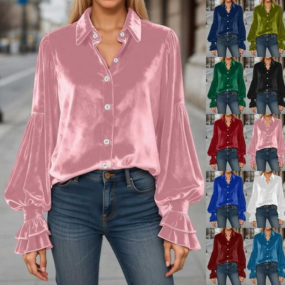 Letdown Velvet Blouse for Women Vintage Ruffle Lantern Long Sleeves ...