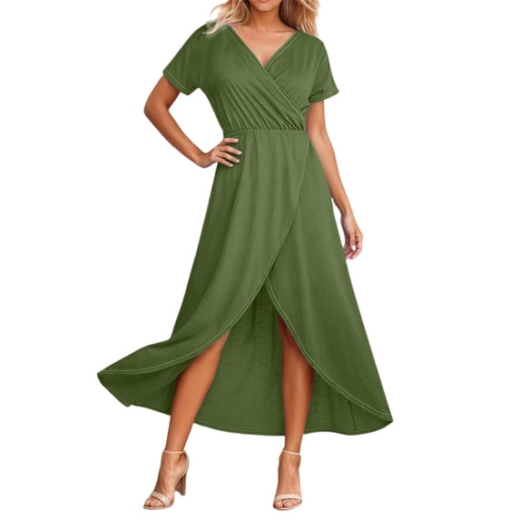 Letdown Women's V Neck Maxi Dress with Elastic Waist - Short Sleeve ...