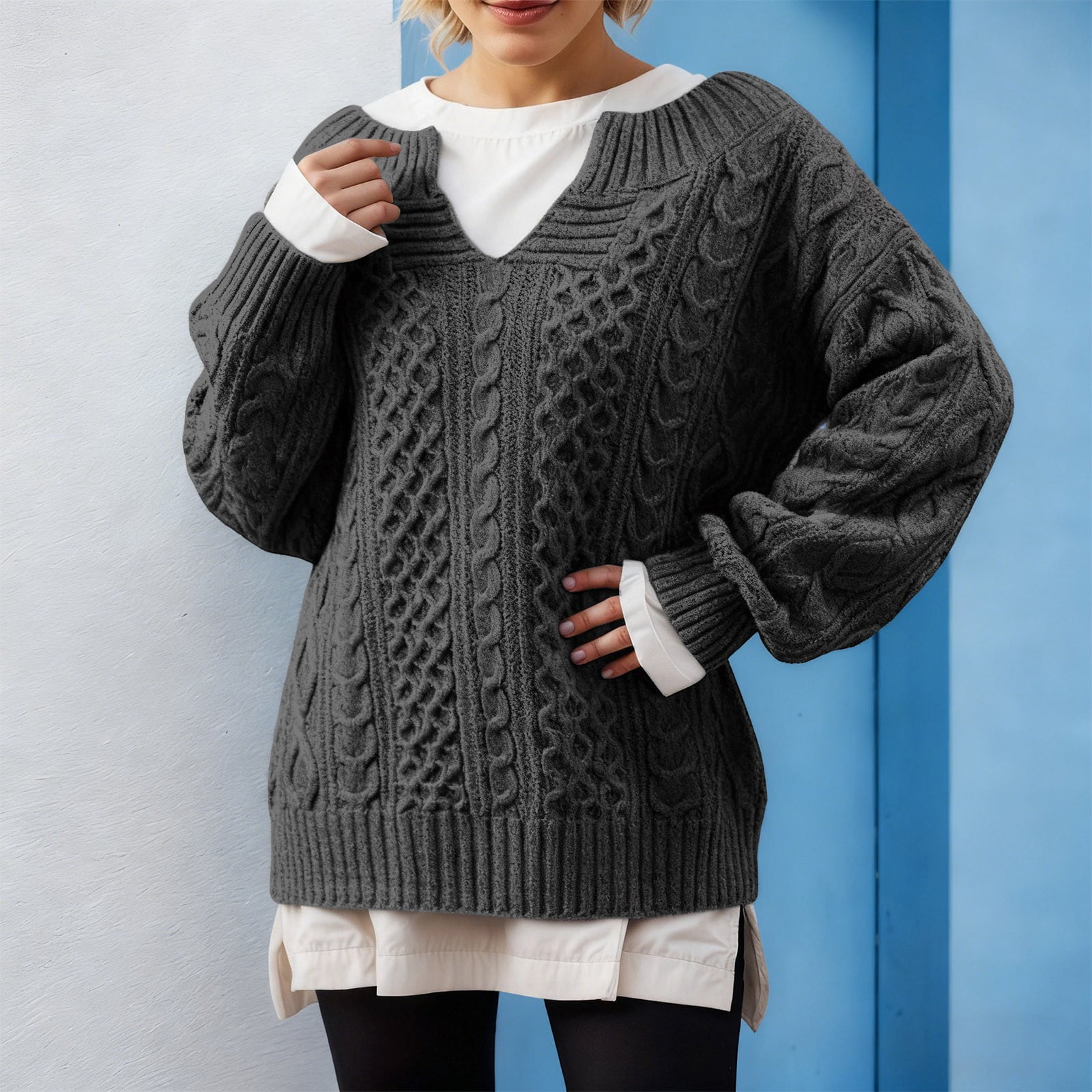 Letdown Women's Winter Oversized V Neck Long Sleeve Loose Cable Knit ...