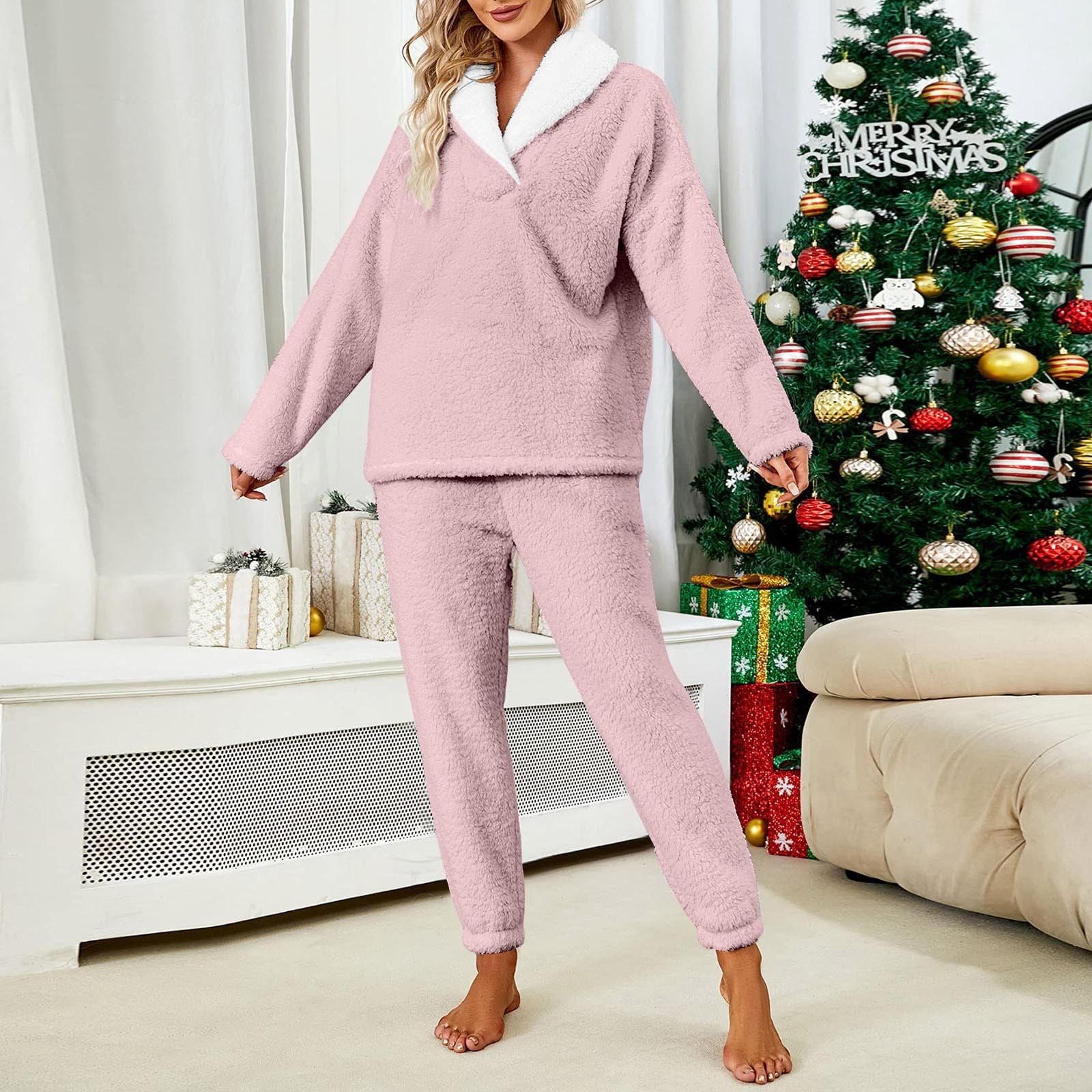 Letdown Womens Pajamas Winter Soft Fluffy Pajama Set V Neck Long Sleeve ...