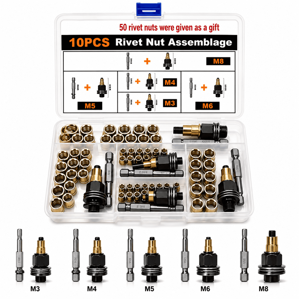 Lethargic Carbon Steel Rivet Nut Tool Kit M3-M8 Rivnut Setter with 50 ...