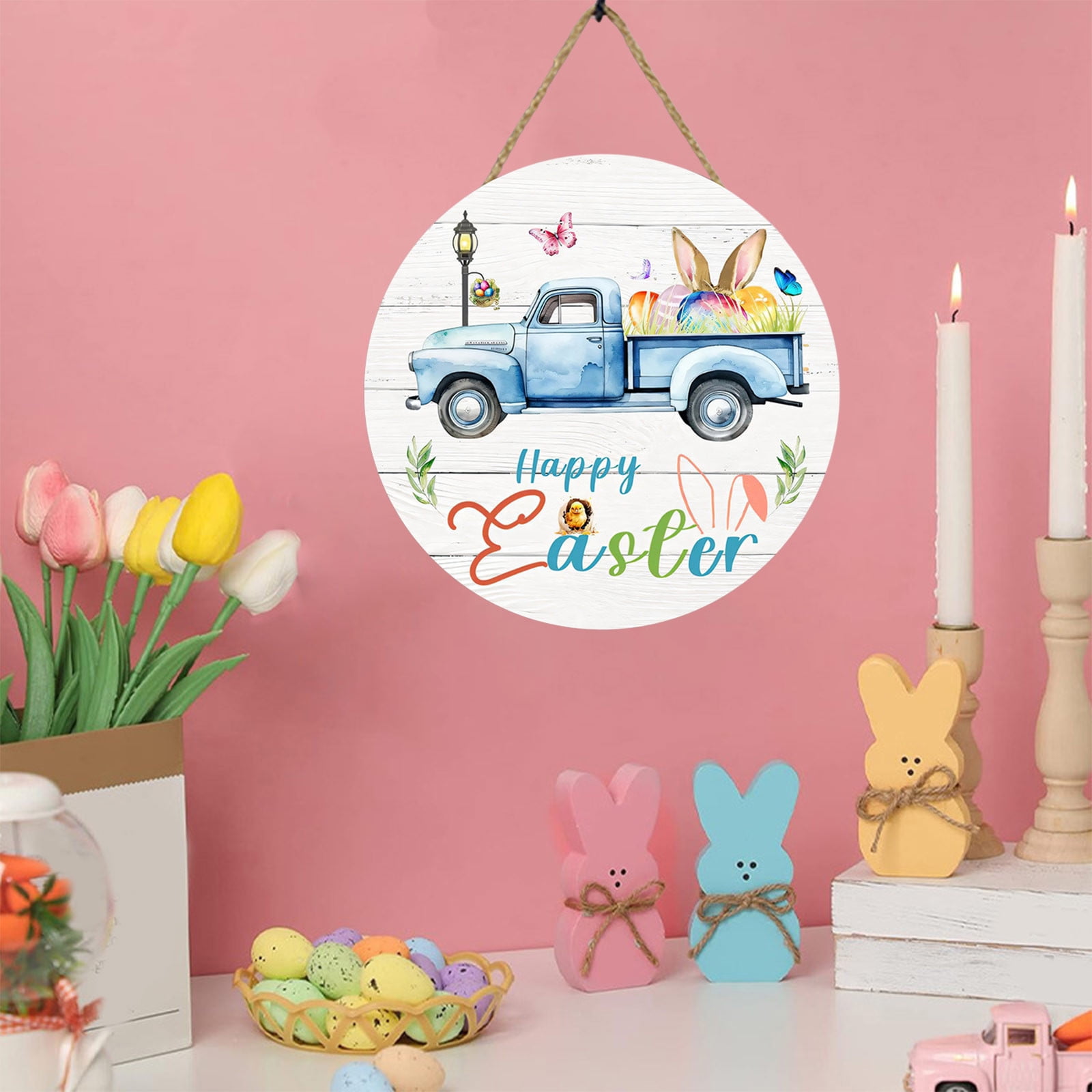 Letrero colgante de madera con forma de conejito de Pascua, decoración ...