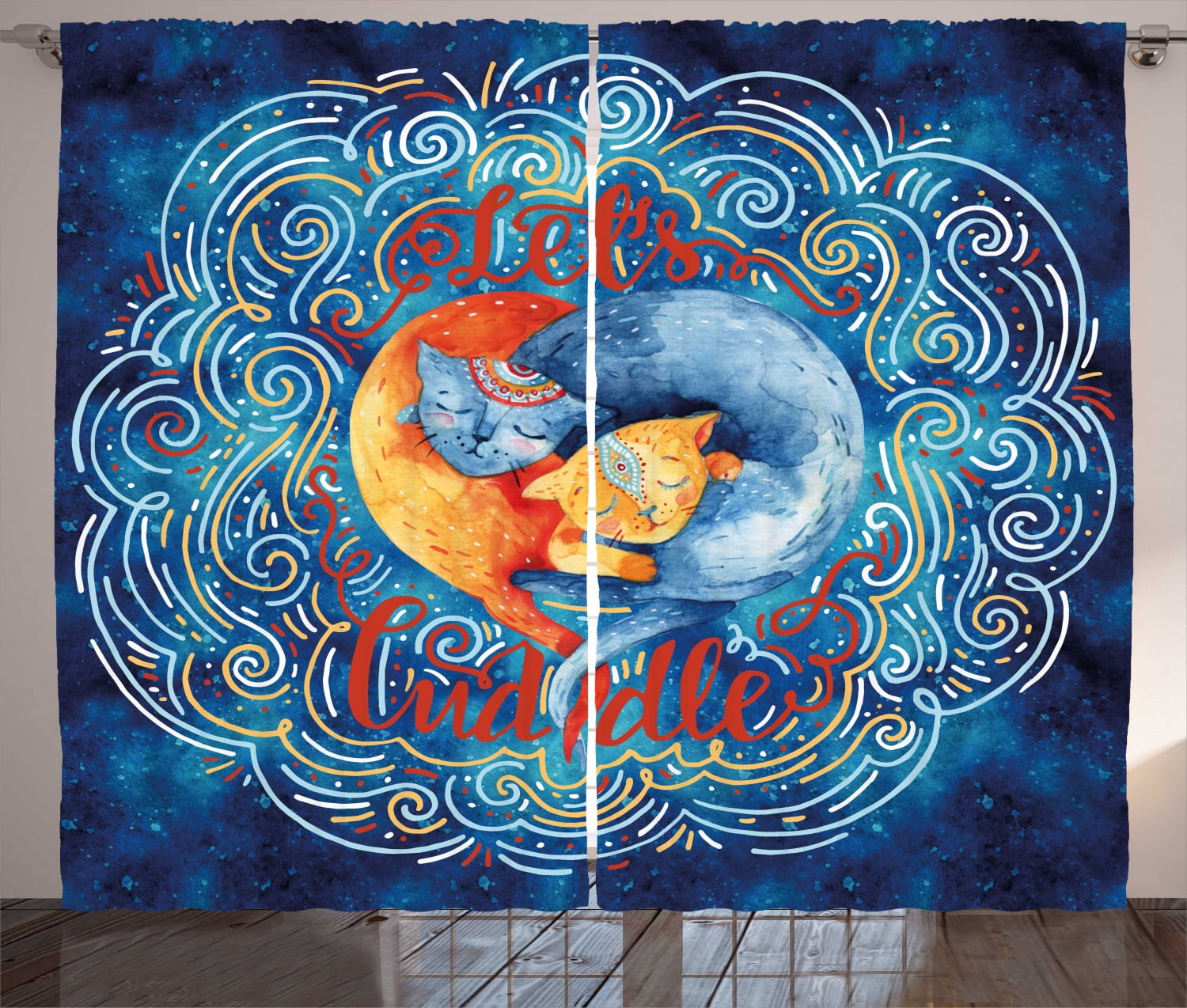 Lets Cuddle Curtains 2 Panels Set, Dreamy Cozy Illustration with Two ...