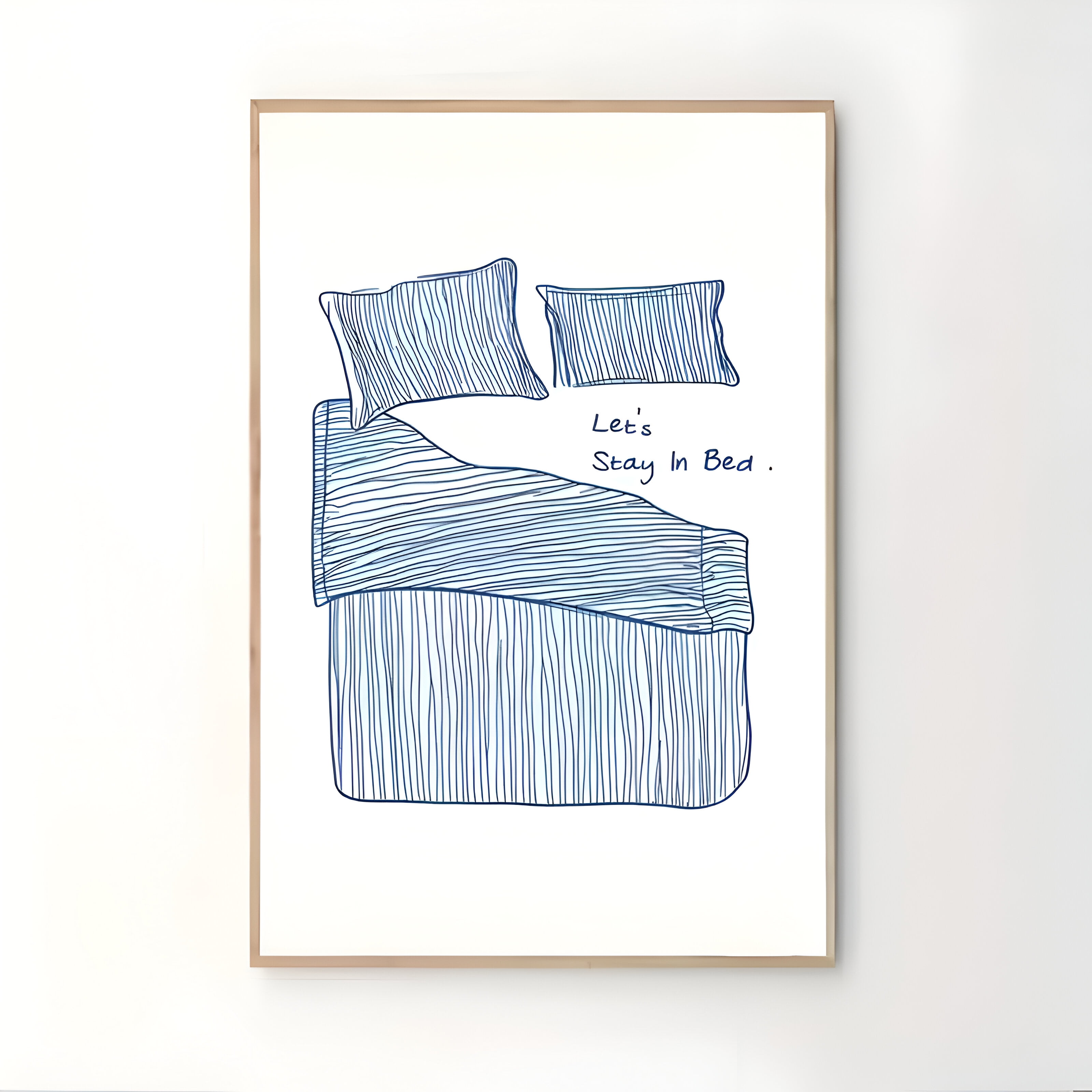 Lets Stay in Bed Blue Striped Quilt Art Print Minimalist Horizontal ...