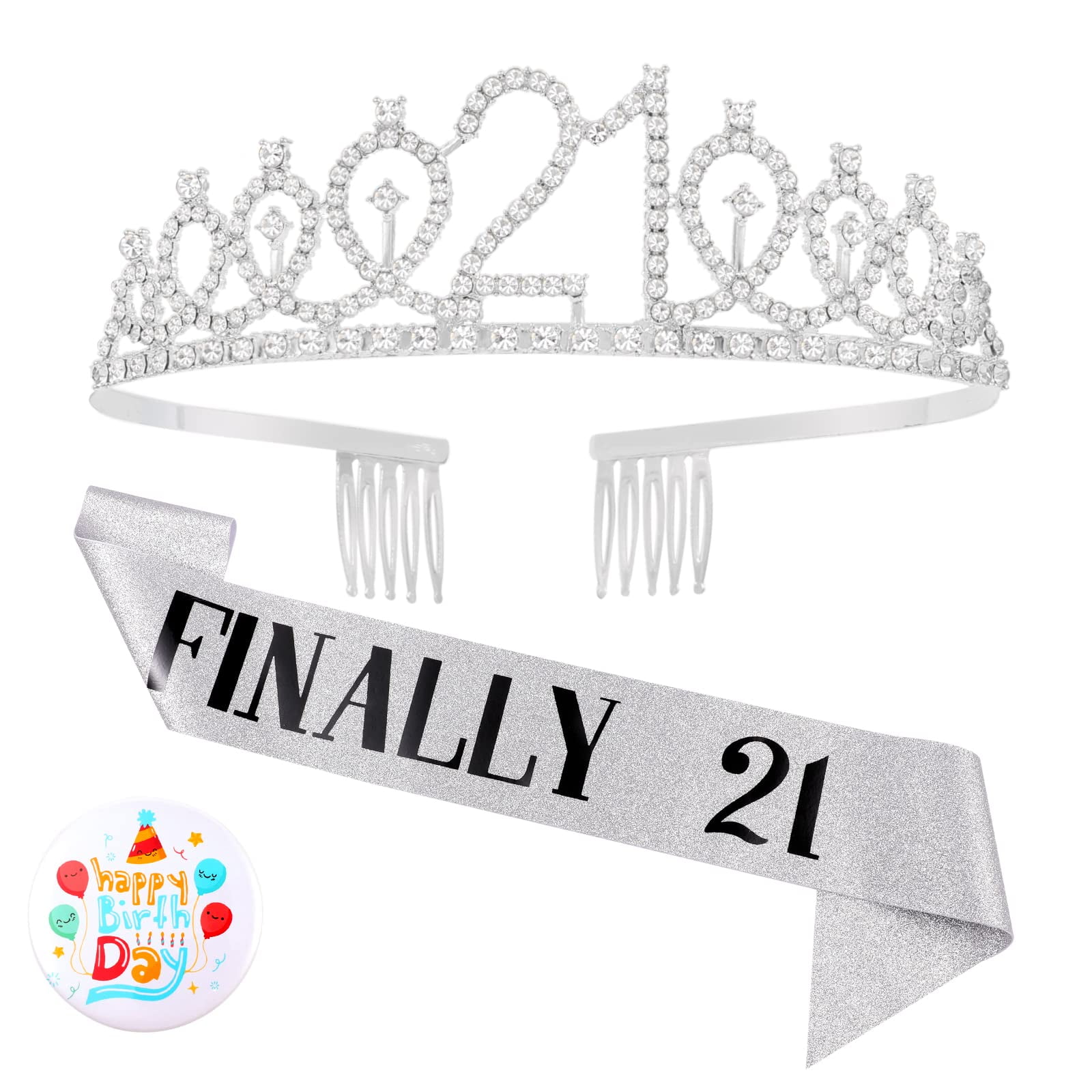 LetsCare 'Finally 21' Tiara OIF8 and Birthday Sash Set for Women, 3 Piece Set, Silver, Birthday ...