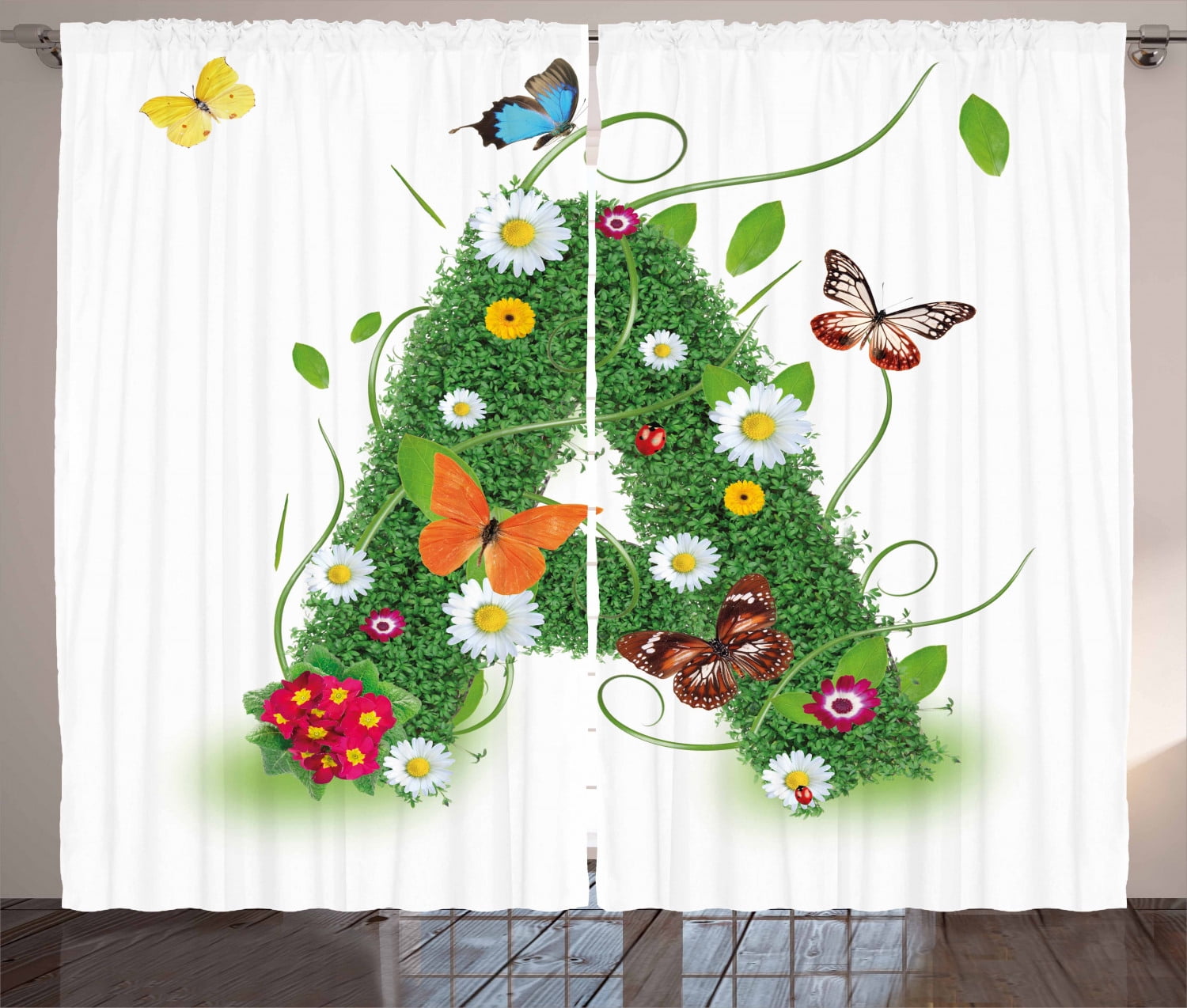 Ambesonne Letter a Curtains 2 Panel Set, Green Leaves, 108" x 96 ...