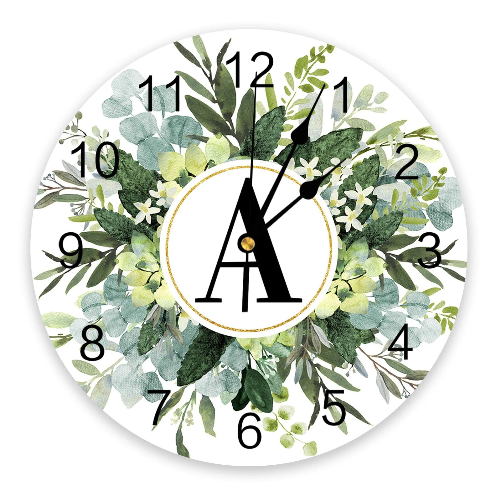 Letter A Watercolor Eucalyptus Wall Clock Modern Design Living Room ...