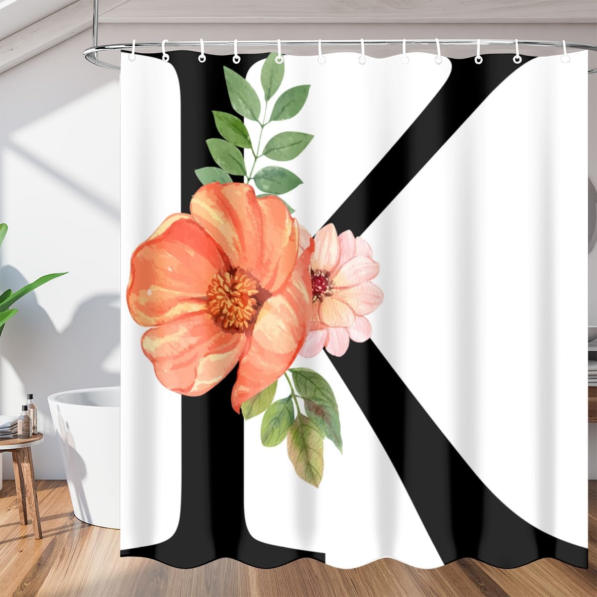Letter C Floral Shower Curtain Fabric Shower Curtain Set with 12 Hooks ...