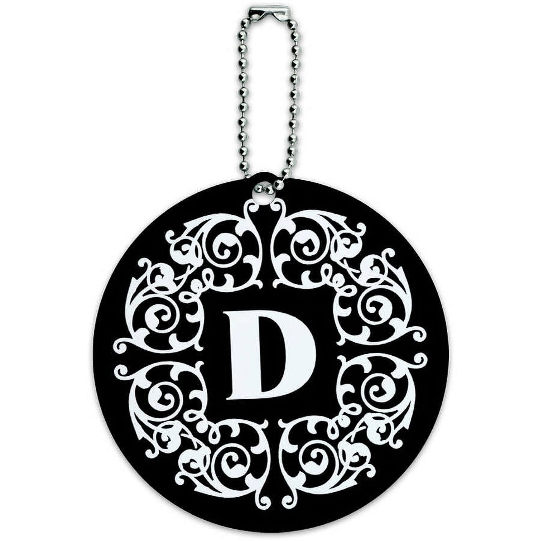 Letter D Initial Black White Scrolls Round Luggage ID Tag Card for ...