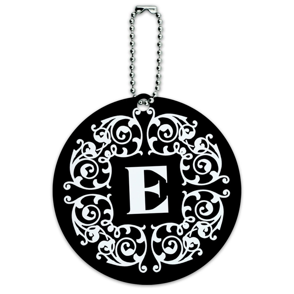 Letter E Initial Black White Scrolls Round Luggage ID Tag Card for ...
