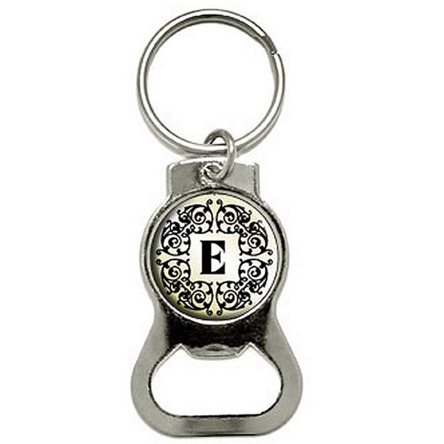 Letter E Initial Black White Tan Bottle Cap Opener Keychain Key Ring ...